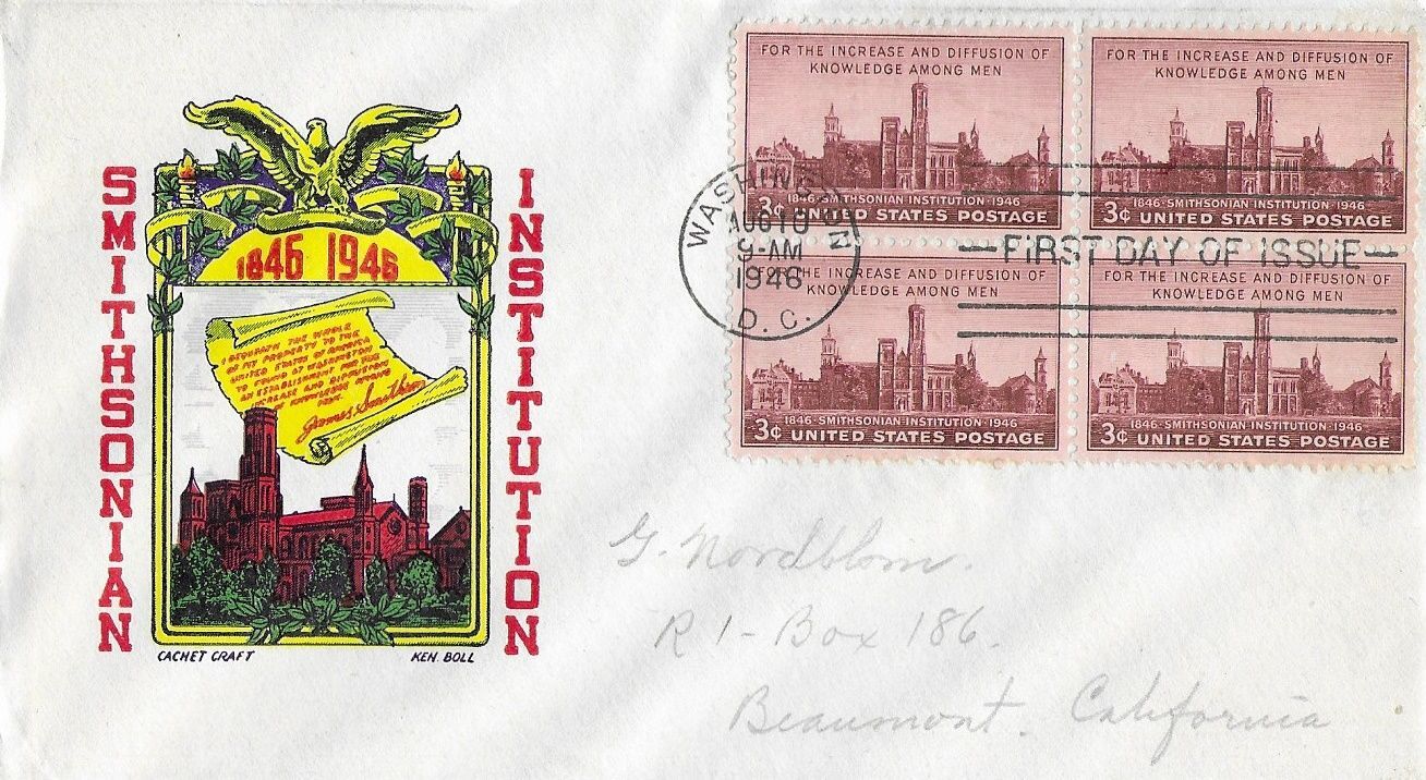 1946 FDC, #943, 3c Smithsonian Institution, CC/Boll, block of 4 ...