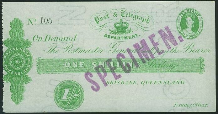 Queensland 1880s QV Chalon Postal Note/Telegram h/s SPECIMEN EXTREMELY ...