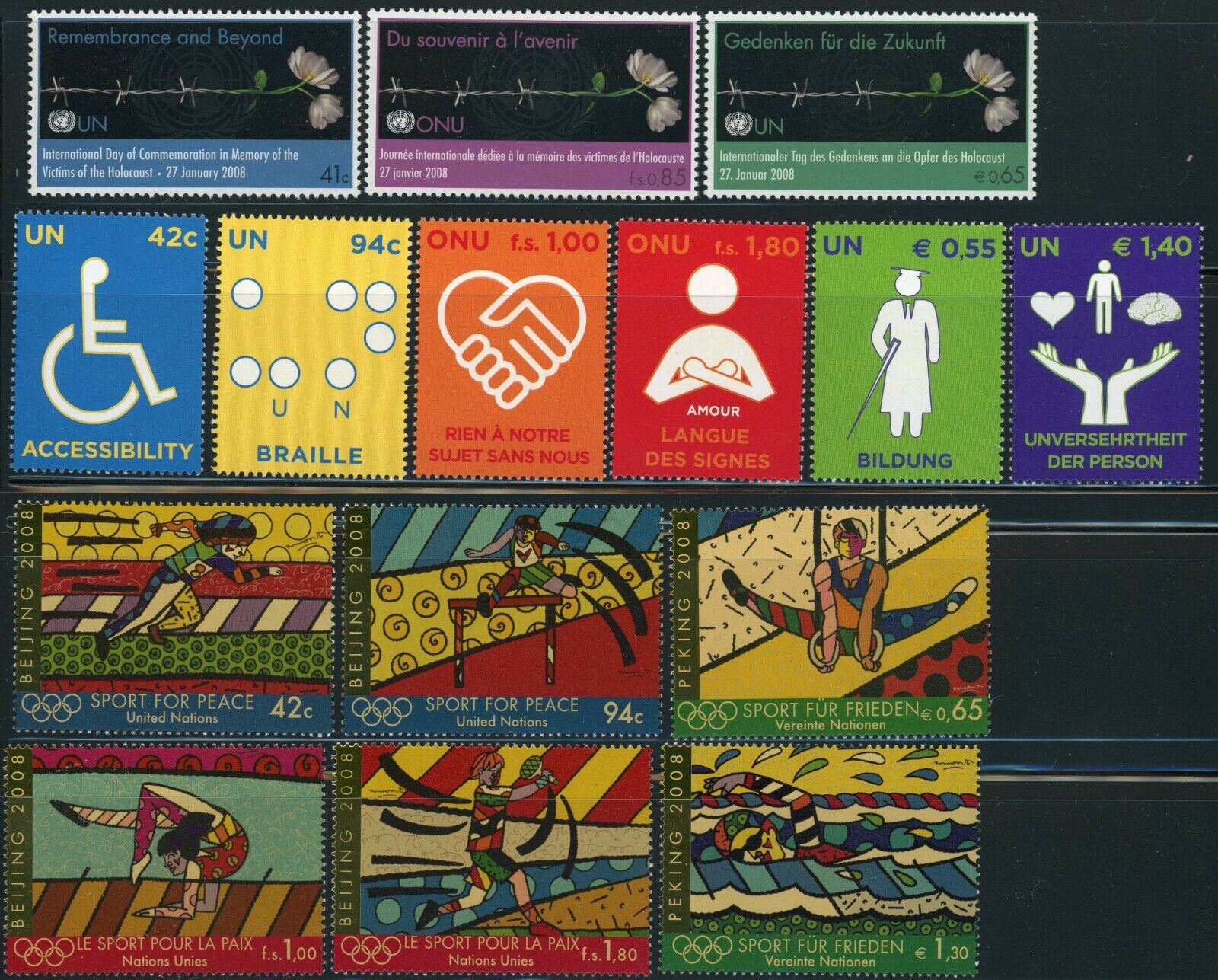 United Nations UN 2008 Postage Stamp Collection USA Switzerland Austria ...