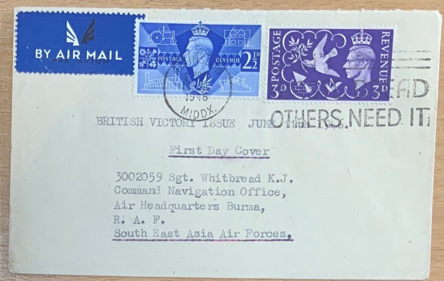GB FDC 1946 Victory ‘Dont Waste Bread’ Slogan to RAF South East Asia ...