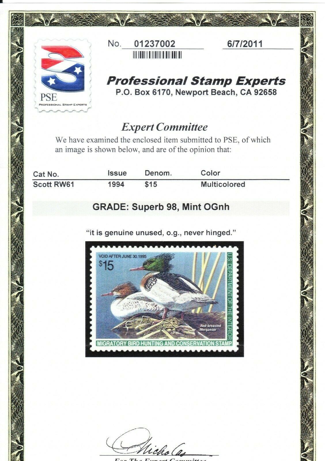 MOstamps - US #RW61 Mint OG NH Grade 98 with PSE Cert - Lot # MO-2788 ...