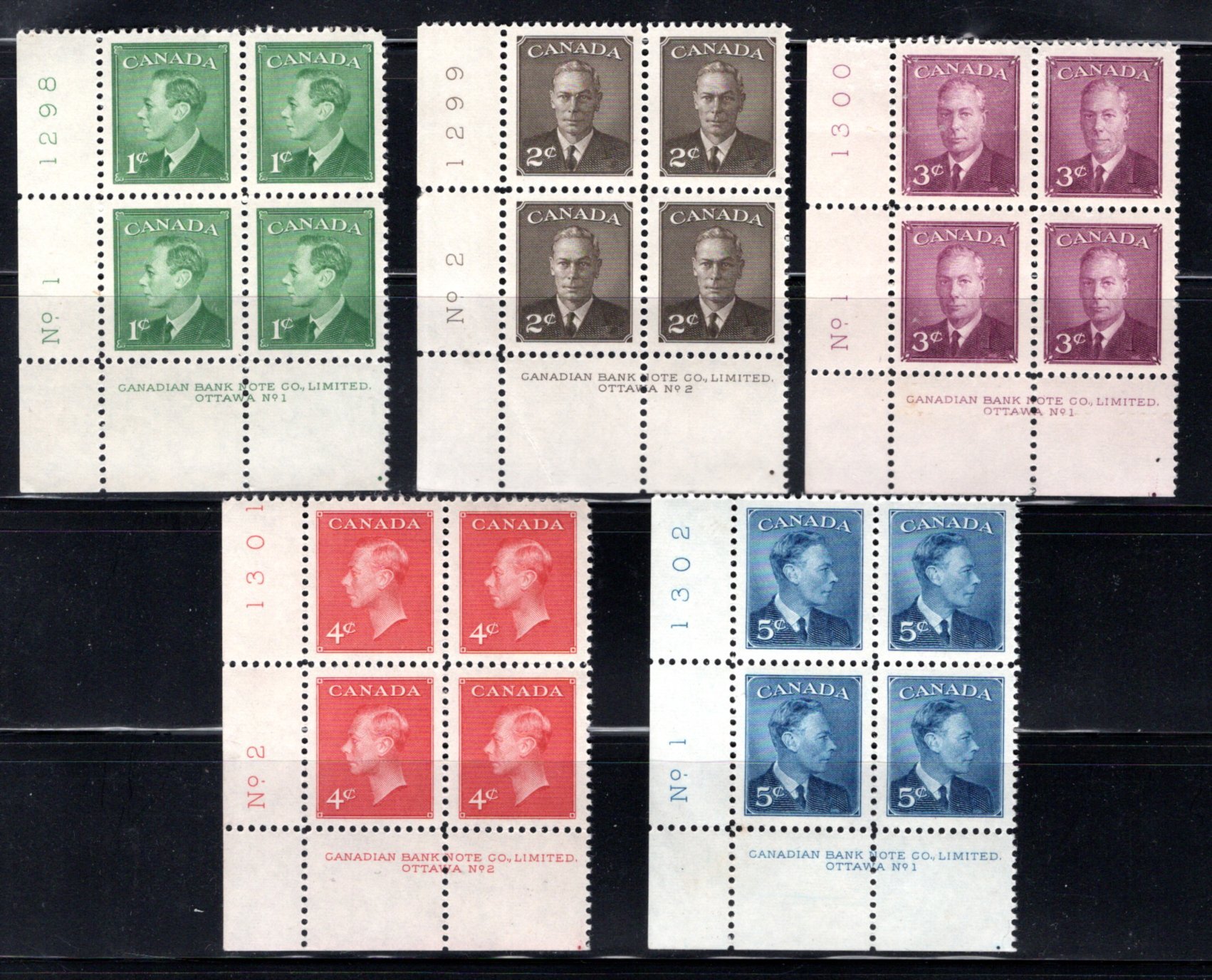 Scott 289-293, KGVI "Postes-Postage" Omitted, Plate Block Set, MNH, LL ...