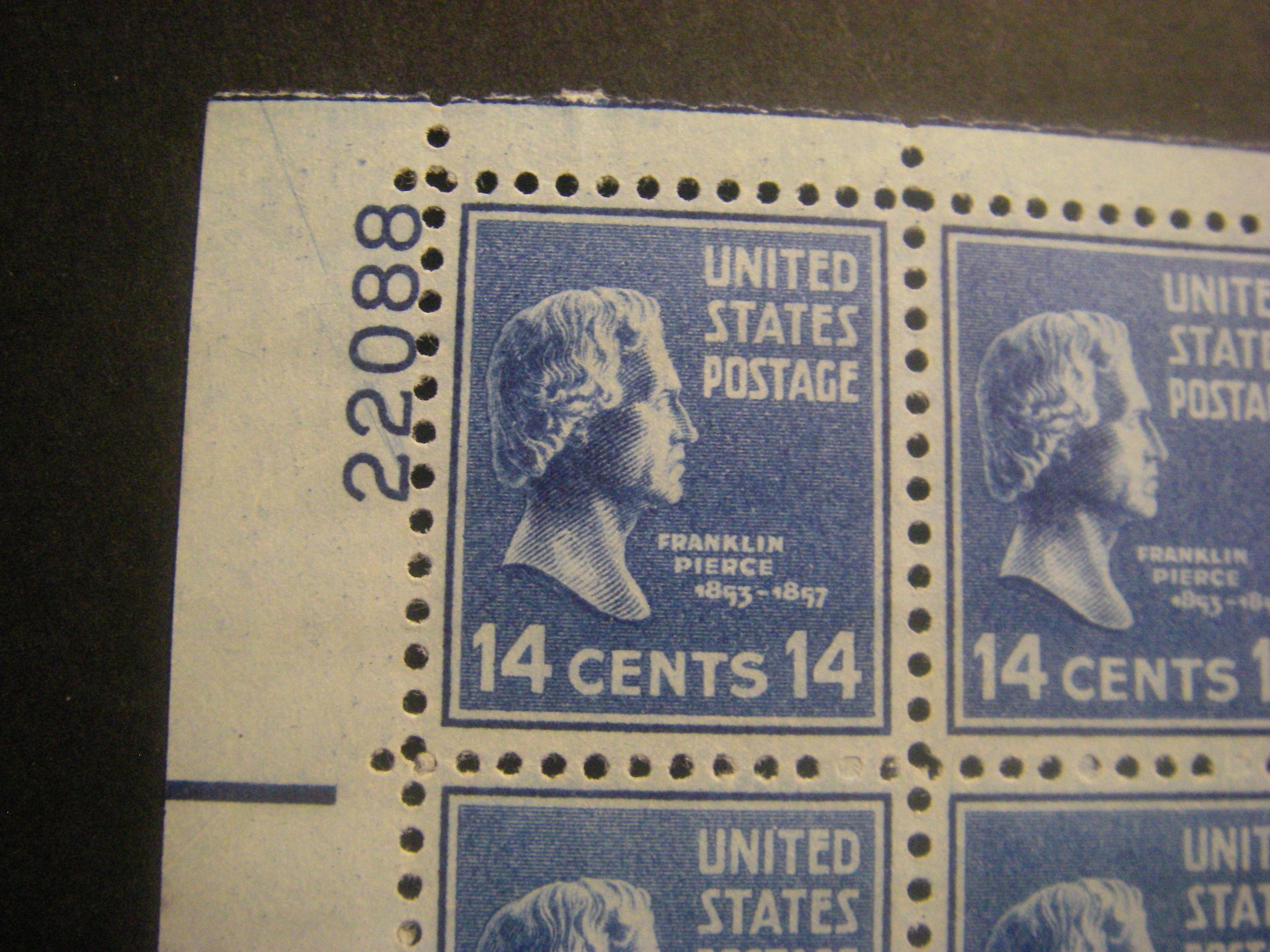 Scott 819, 14c Franklin Pierce, PB4 #22088 x4, Matched Set, MNH Prexie ...