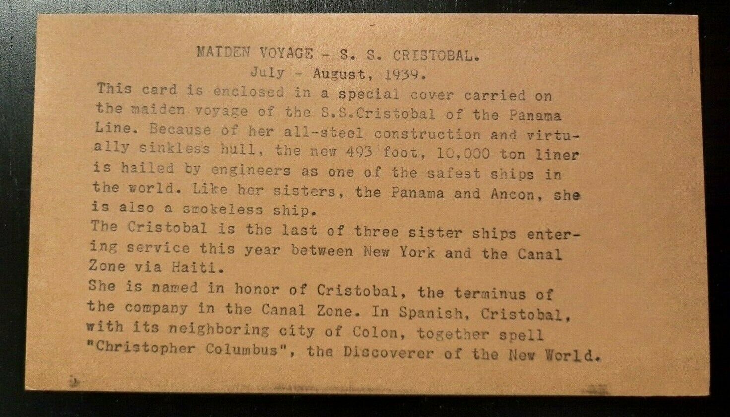 1939 Maiden Moyage SS Cristobal Aux Illustrated Colon Panama Staten ...