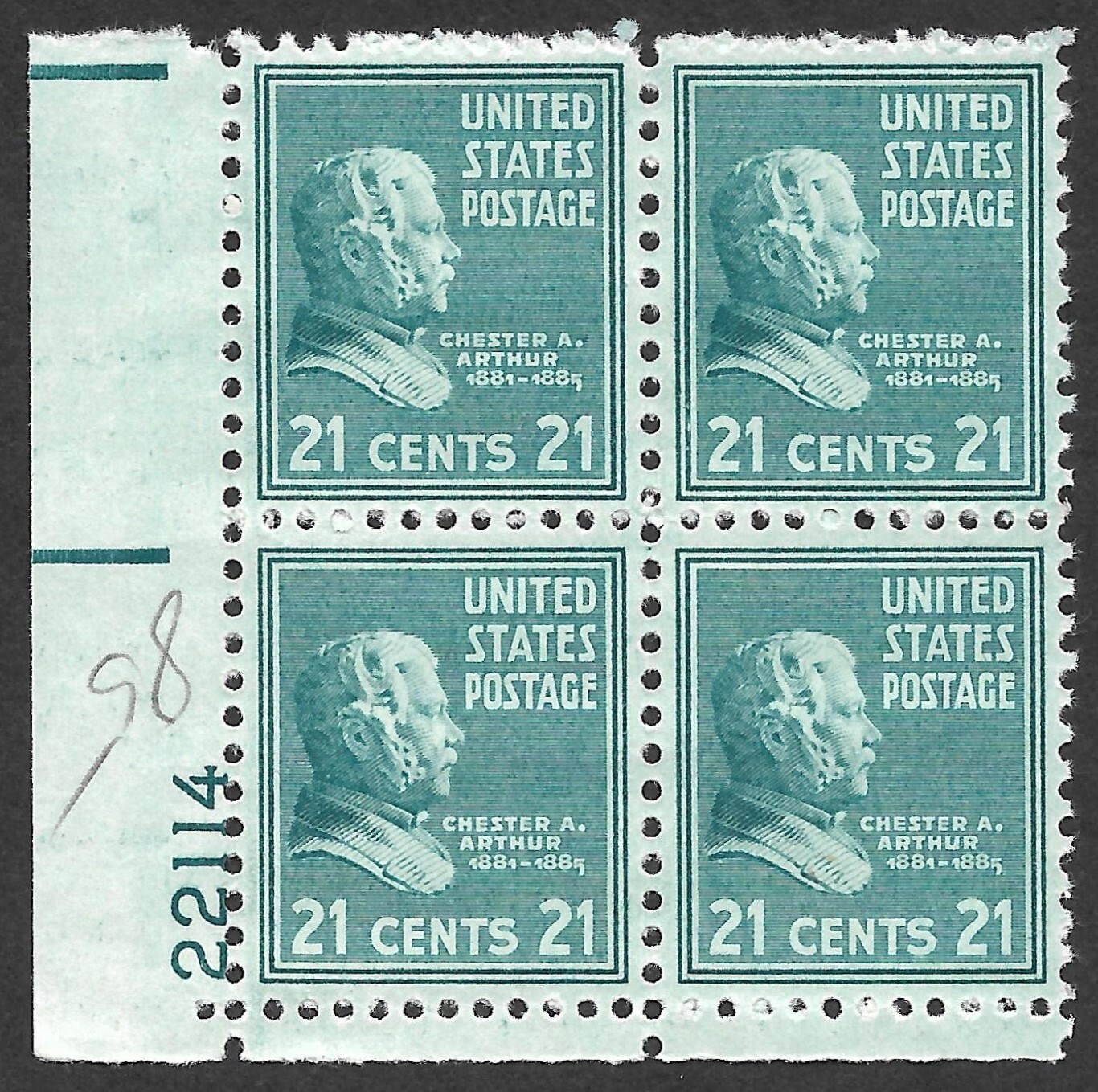 1938 MNH 21-cent Prexie PNB, Scott #826** | United States, General ...