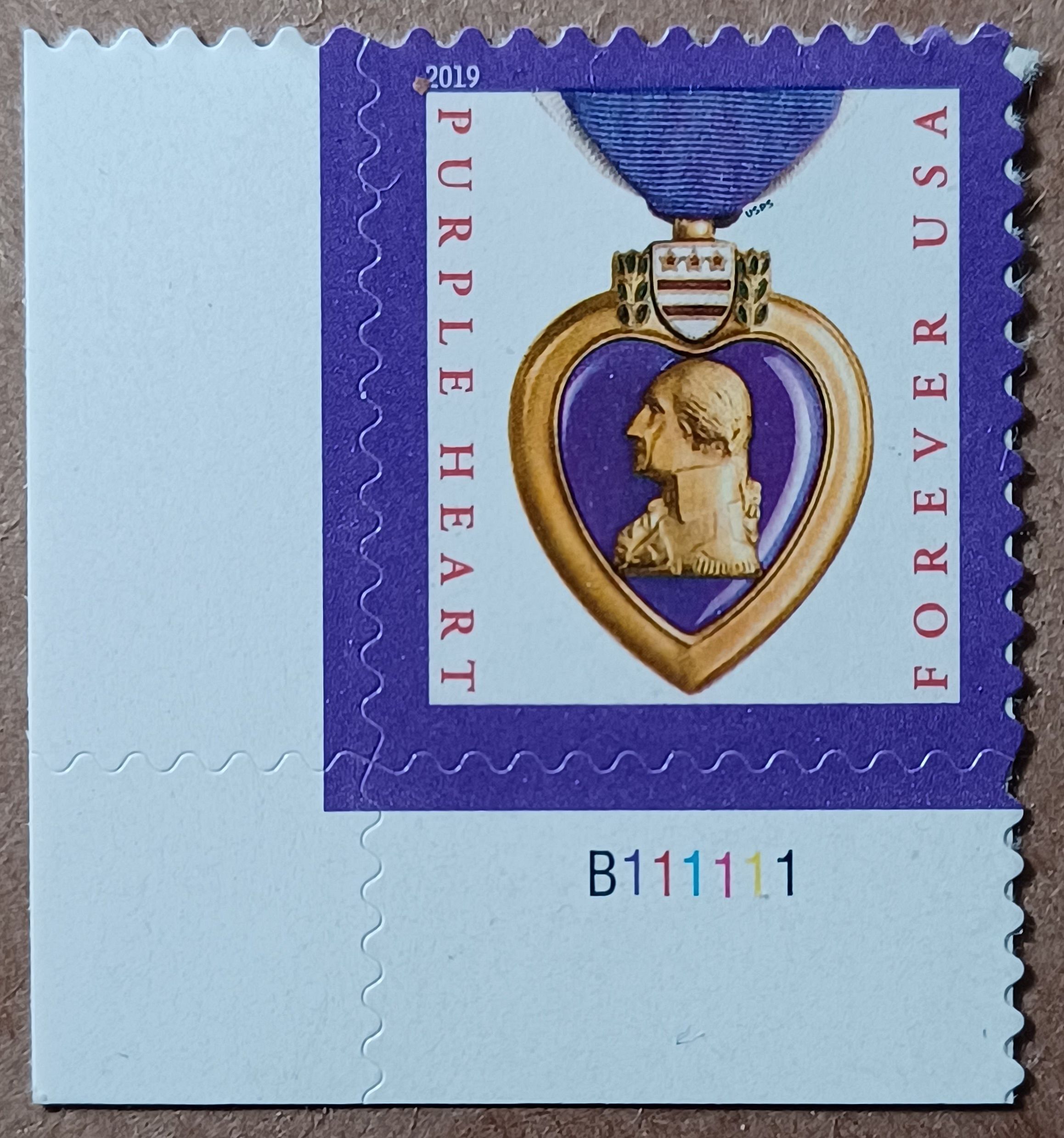 US #5419 (55c) Purple Heart Medal MNH plate #B111111 (2019) | United ...