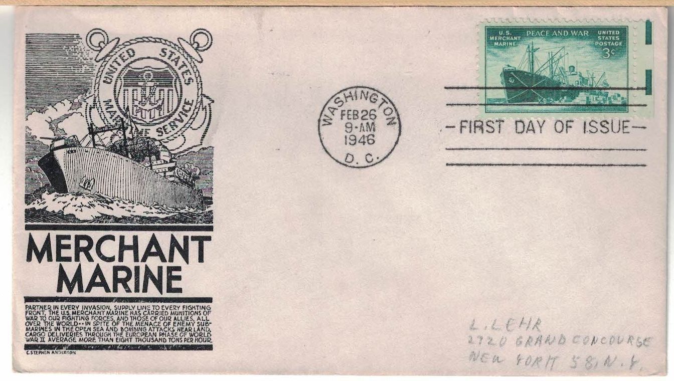 1946 FDC, #939, 3c U.S. Merchant Marine, Anderson | United States ...