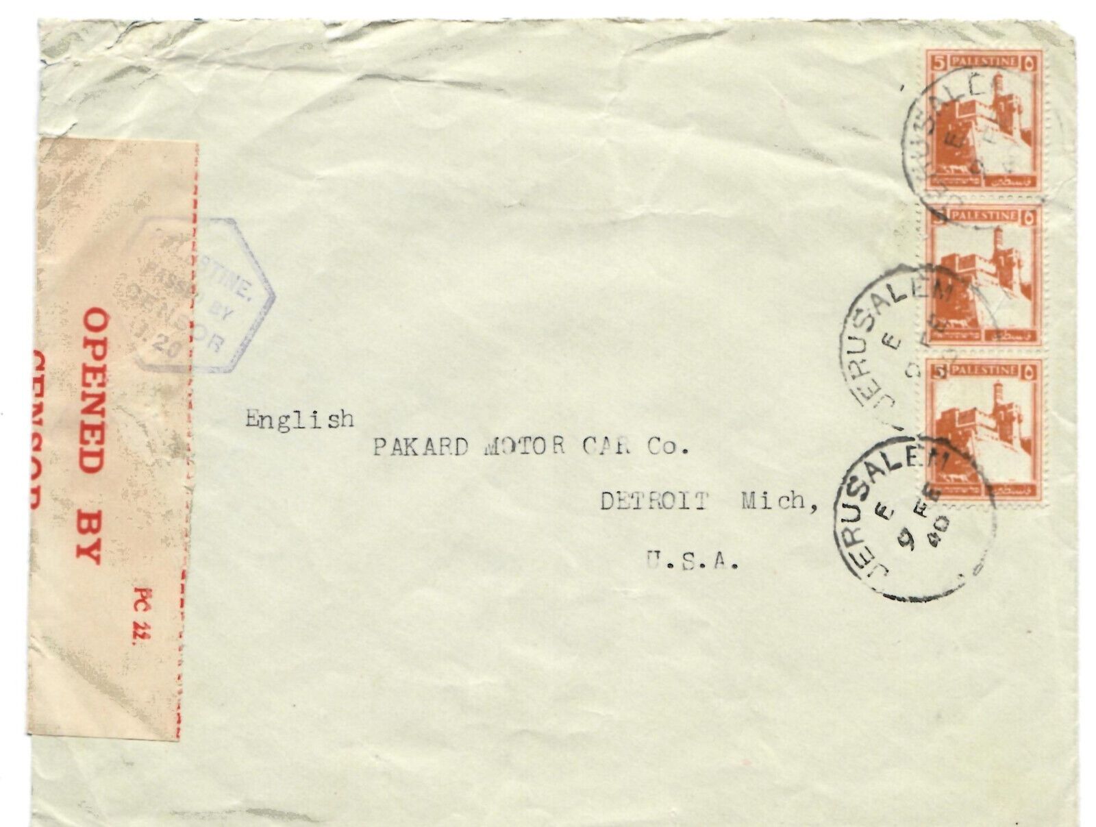 WWII 1940 cover Jerusalem Palestine British Mandate Open by Censor ...