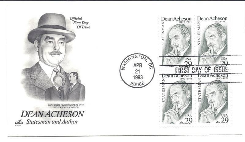 2755 Dean Acheson, Artcraft, block of 4, FDC | United States, General ...