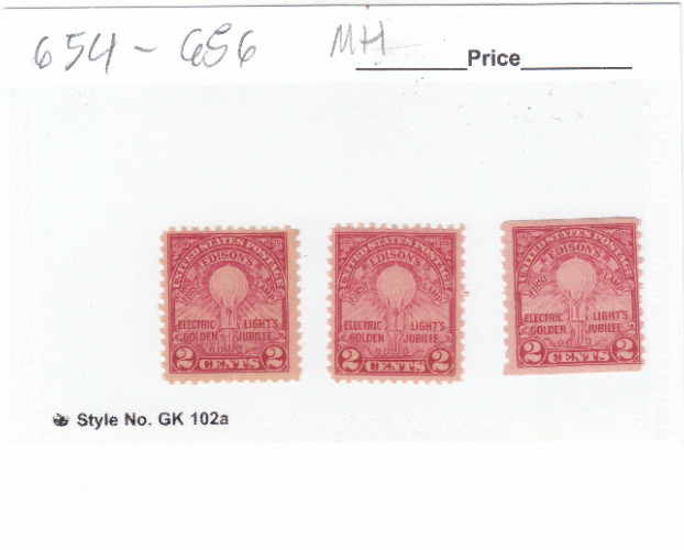 Scott # 654 - 656 set- Edison's First Lamp - Mint Hinged | United ...