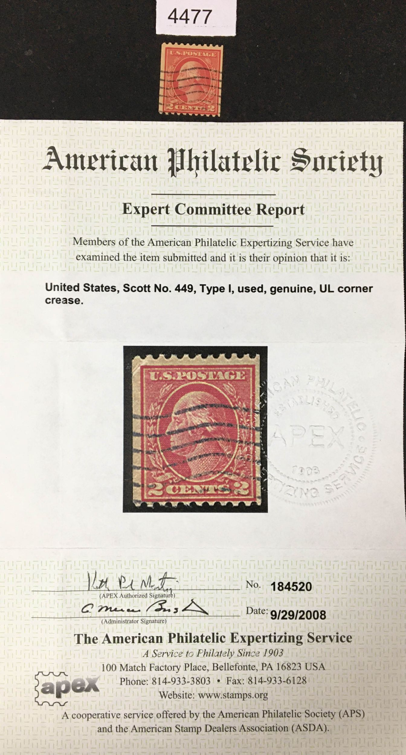 US Stamps # 449 Used APS Cert $600 LOT #4477 | United States, General ...