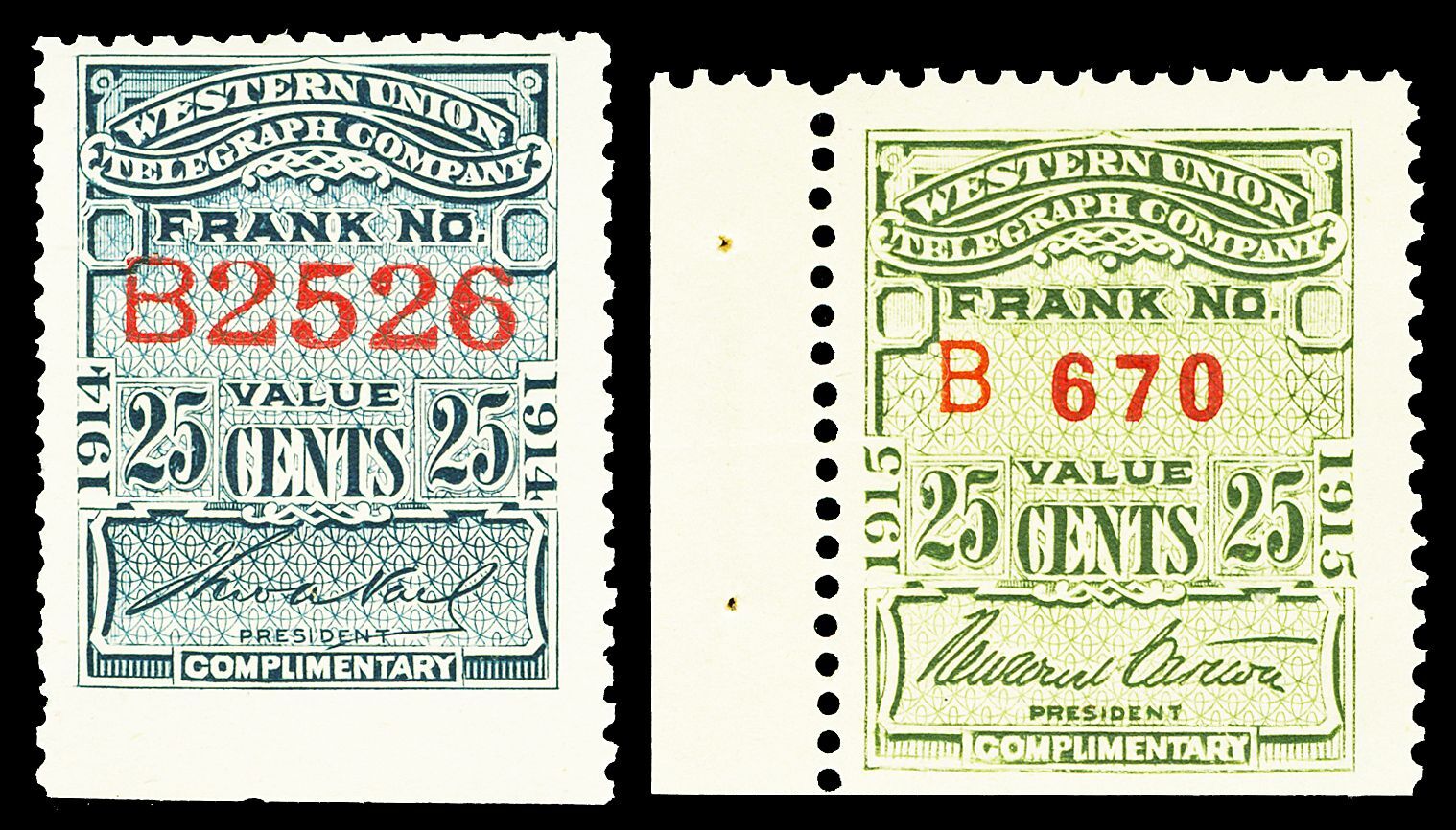 Scott 16T46, 16T48 1914-1915 25c Western Union Telegraph Stamps Mint OG ...