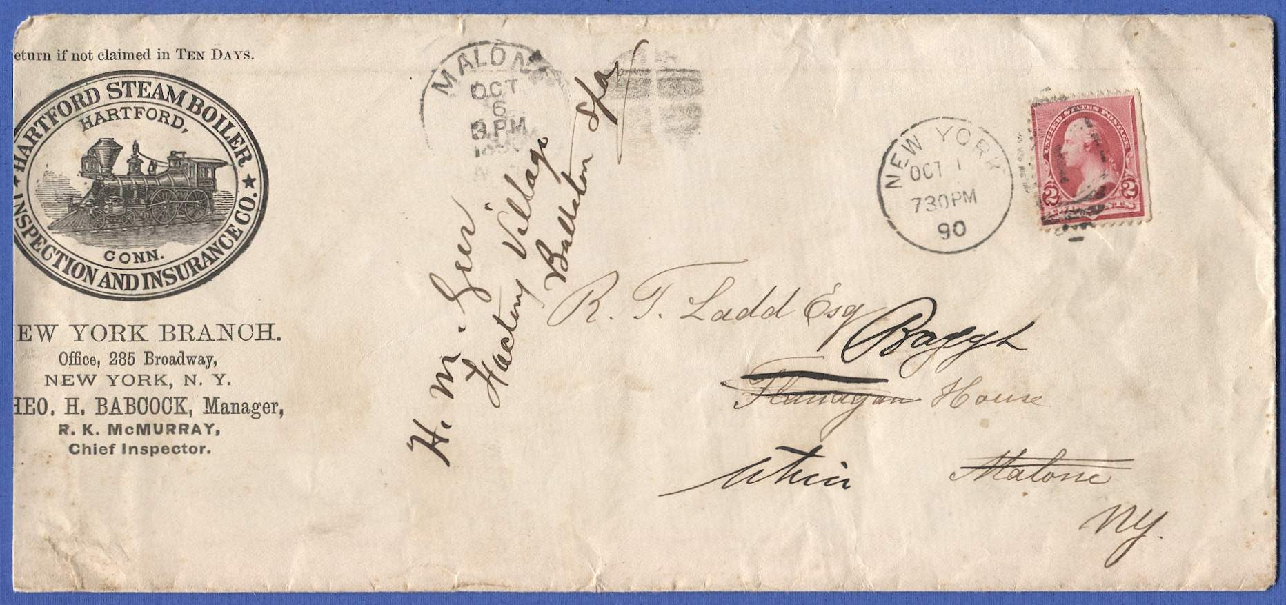 US 1890 2c Bureau on New York City + Hartford CT Railroad Ad cover ...