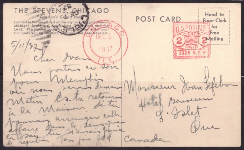 F2408 UNITED STATES Postcard Meter Stamp The Stevens Hotel, Chicago ...