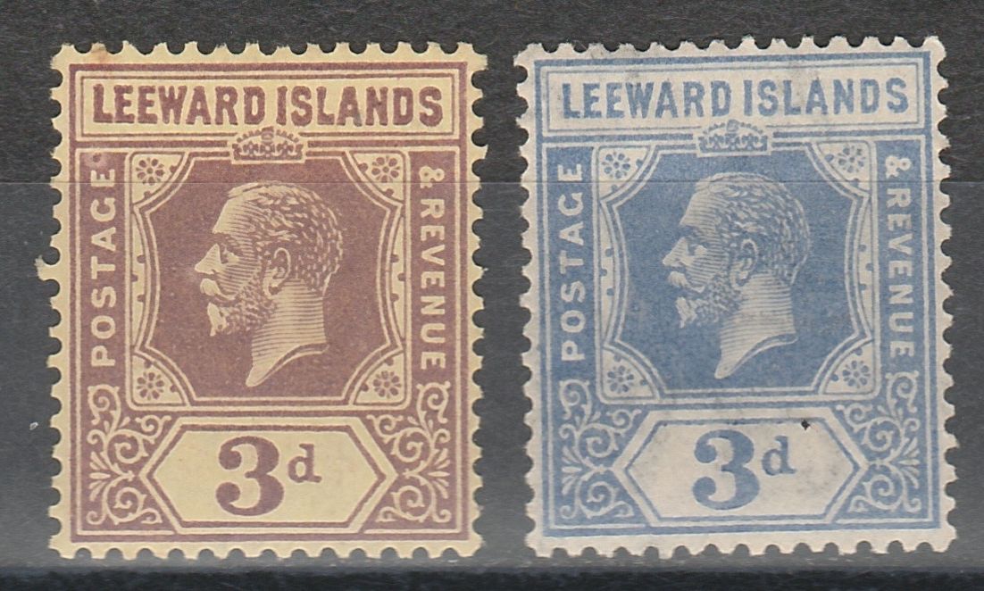 Leeward Islands 1921 KGV 3d on Yellow and 3d Blue WMK Multi Script CA ...