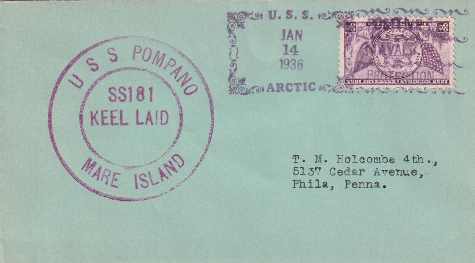 1936 USS Pompano SS-181 Keel Laid to Philadelphia, Pa p/m USS Arctic ...