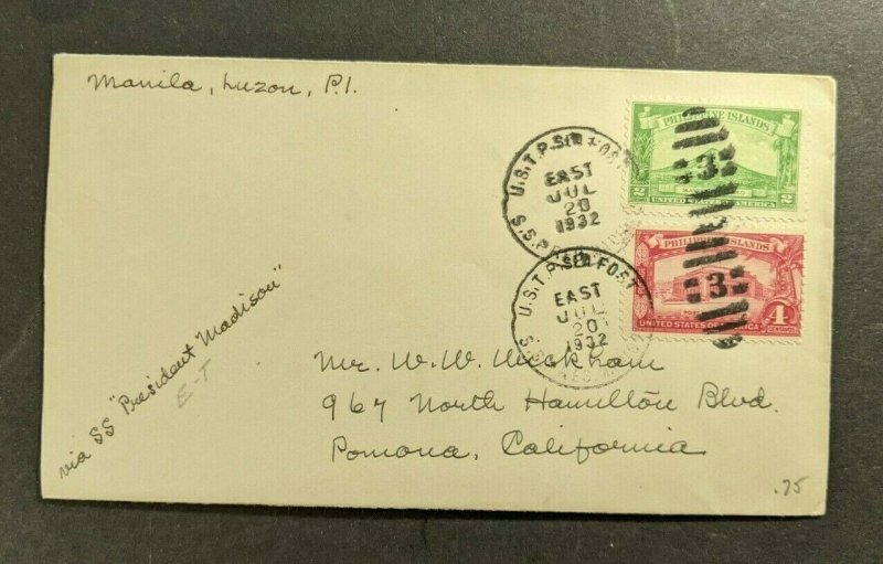 1932 SS President Madison USTP Sea Post Cover Manila PI to California ...