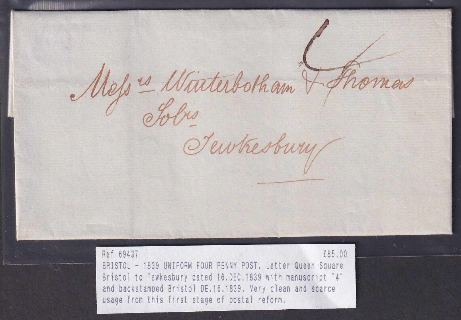 Bristol 1839 Uniform Penny Post to Tewkesbury folded letter, manuscript ...