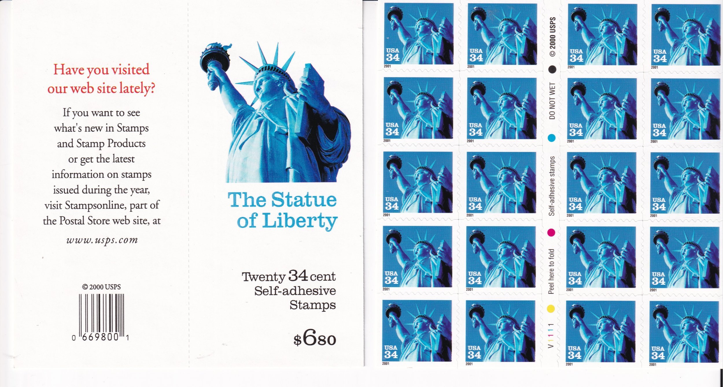 Sc# 3485 U.S 34¢ 2001 "Statue of Liberty" booklet sheet MNH CV $14.00 ...