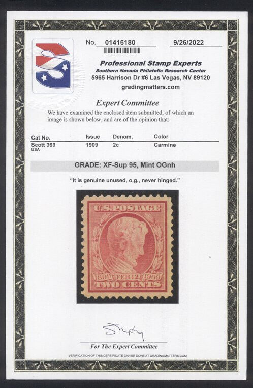 U.S. #369 GEM Mint XF/SUP NH w/ Cert - 1909 2c Lincoln on Bluish Paper ...
