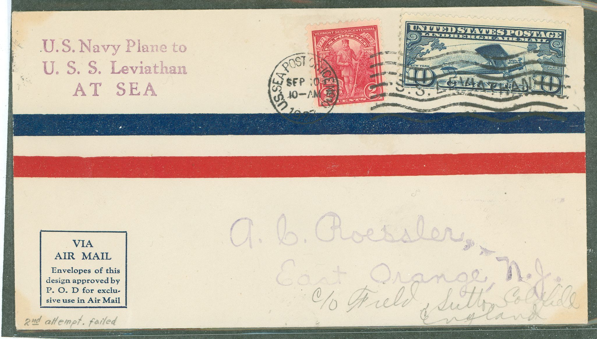 US 643/C10 (1927) USS Leviathan/Second attempt at snip to Shore Airmail ...