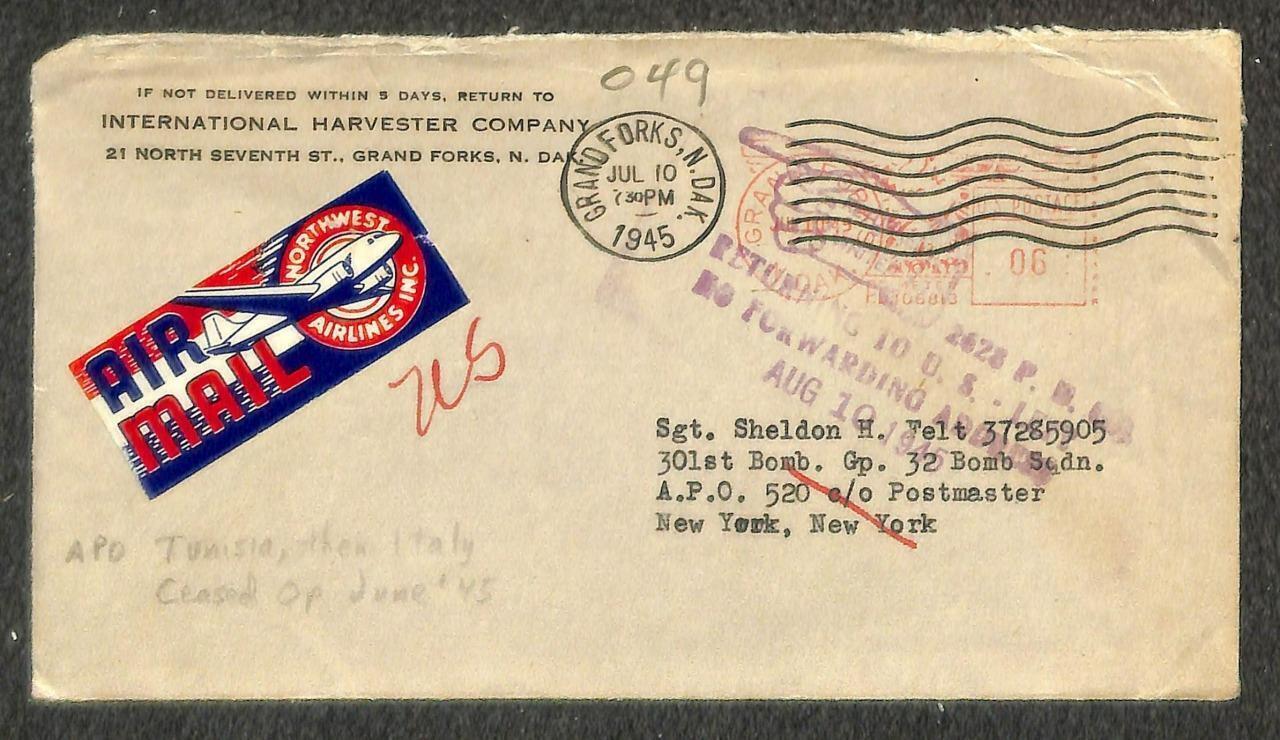 USA Meter Mail Northwest Airmail Label APO 520 Italy Military Cover ...