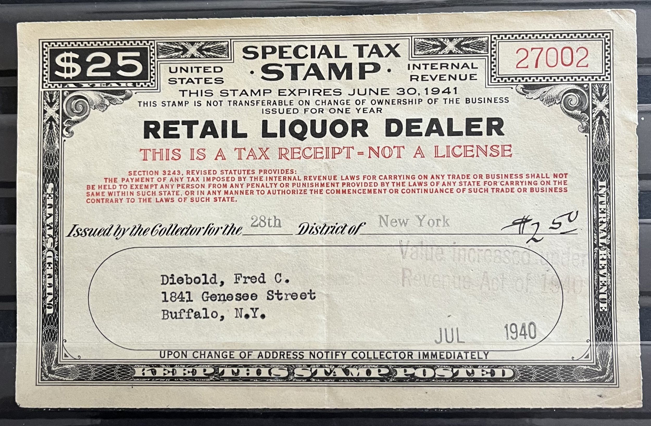 U.S. Tax Stamp- Liquor Dealer- Buffalo NY- 1940 | United States, Stamp ...