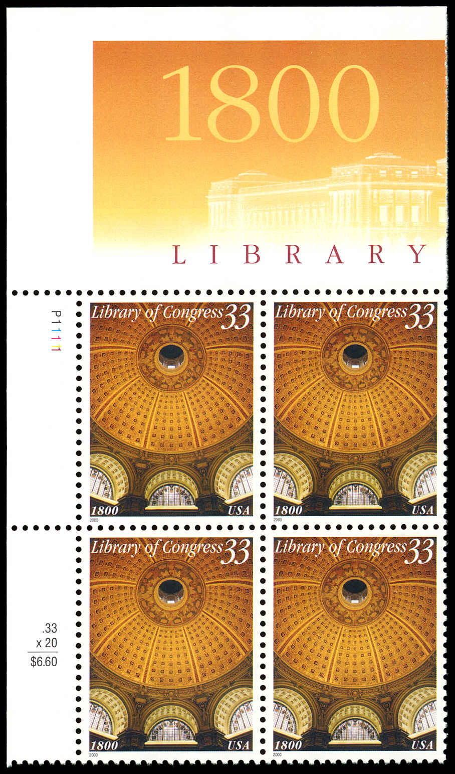 US Sc 3390 VF/MNH Plate Block - 2000 33¢ Library of Congress - P.O ...