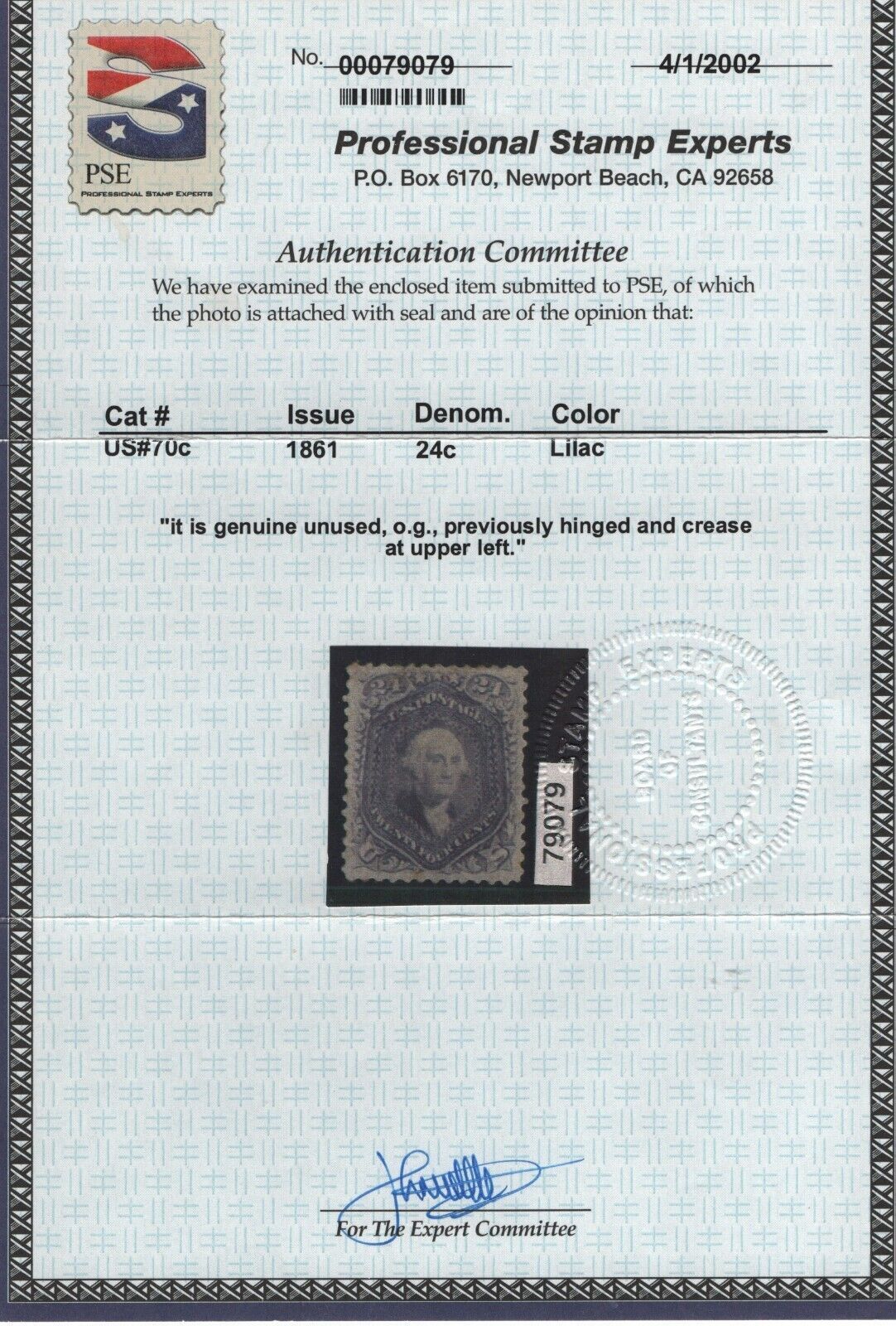 70c Rare VF-XF mint original gum with PSE cert . cv $ 35,000 ! see pic ...