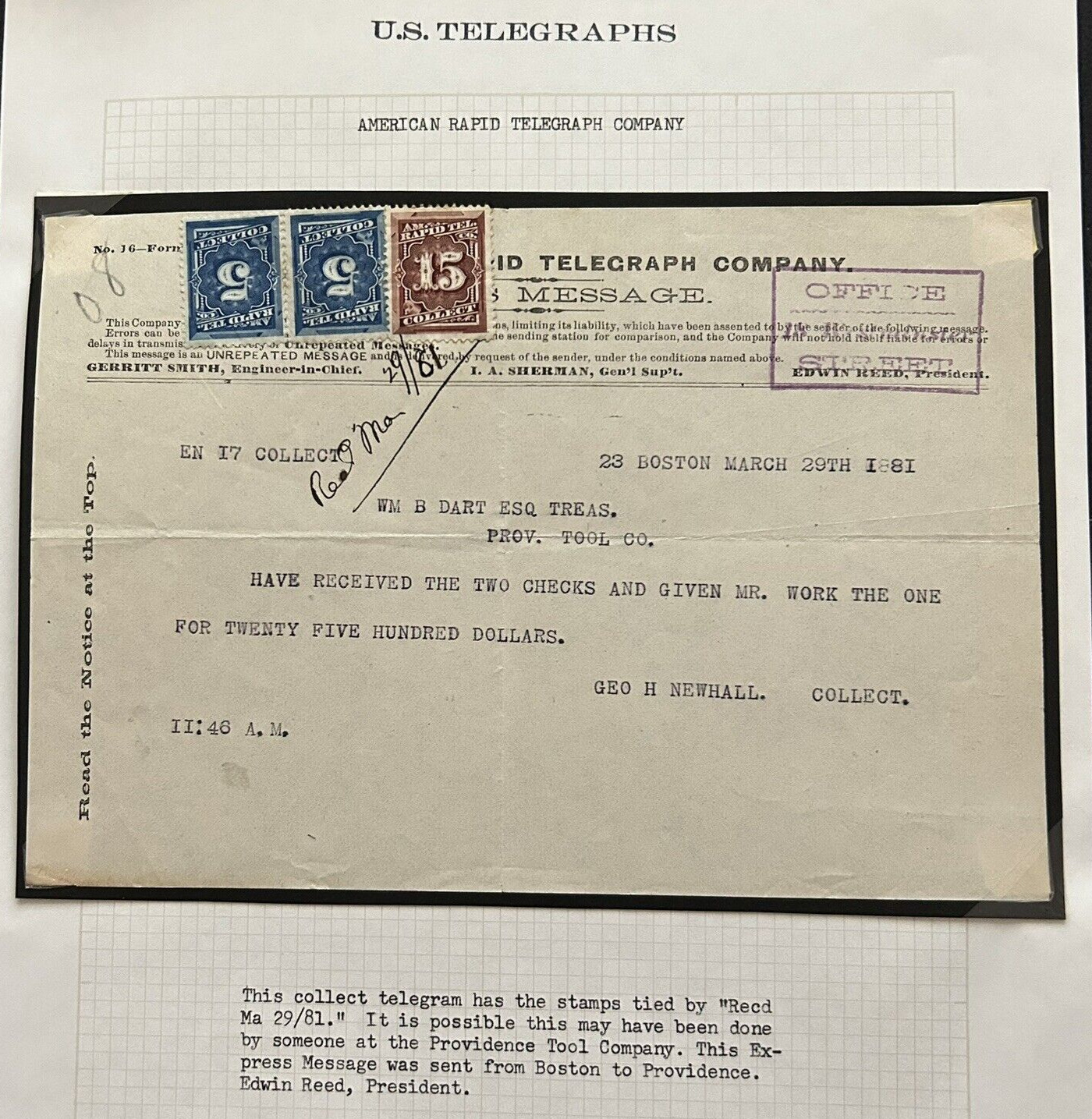 1T10-1T11 Affixed to 5 American Rapid Telegraph Co. Collect Telegrams ...