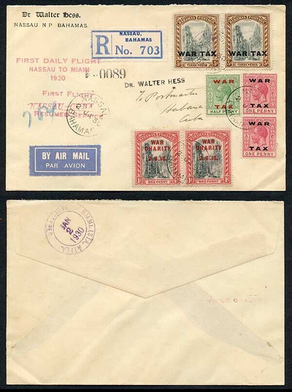 Bahamas 2 Jan 1930 Nassau to Miami First Flight Cover with WAR TAX ...