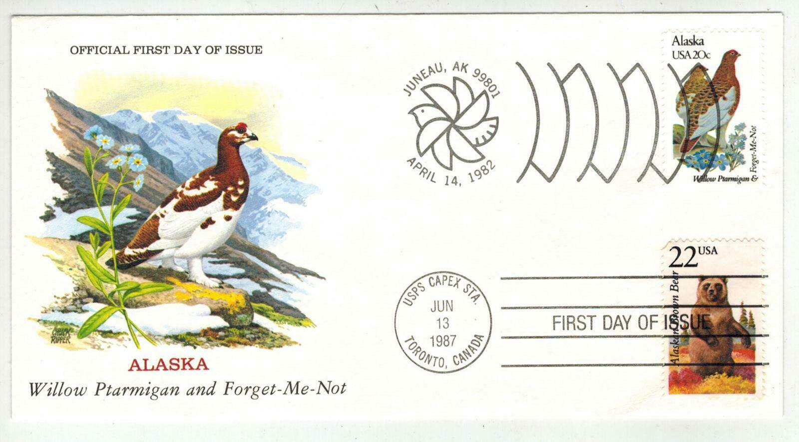 DUAL FDC ALASKA Birds + Flowers 1982 + Wildlife Black Bear Stamp 1987 ...