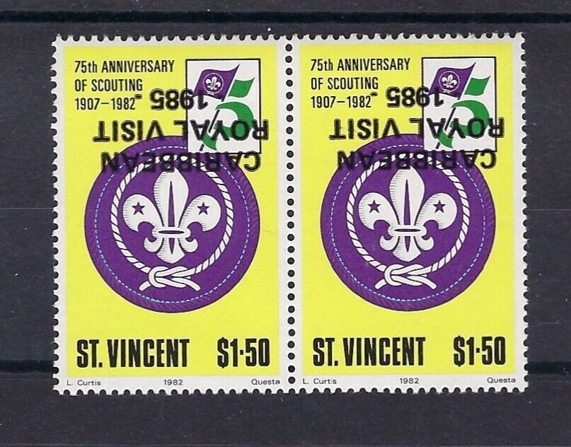 1985 St Vincent Boy Scout 75th anniversary ERROR inverted overprint ...