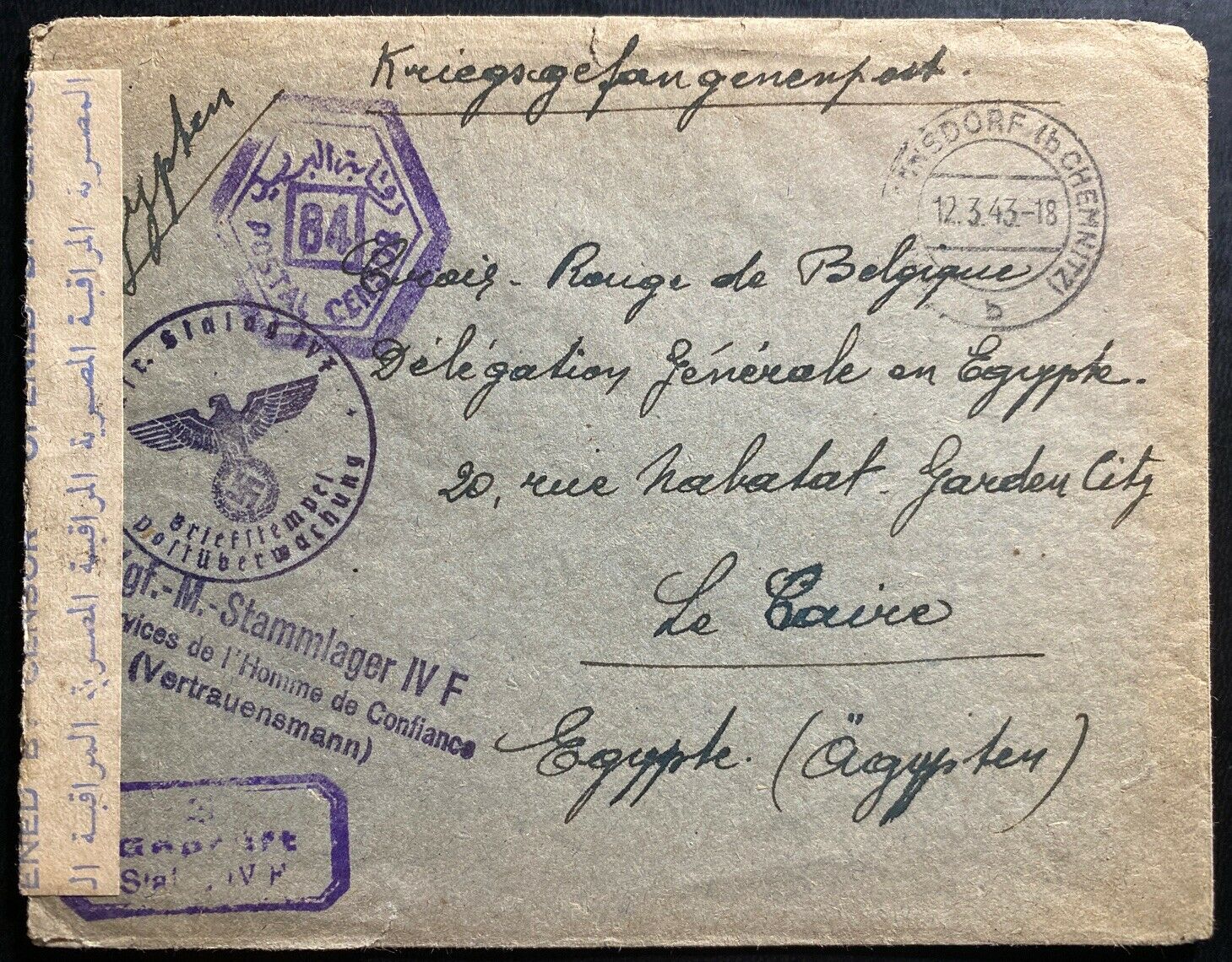 1943 Germany Stalag 4B Prisoner of War POW Censored Cover To Cairo ...
