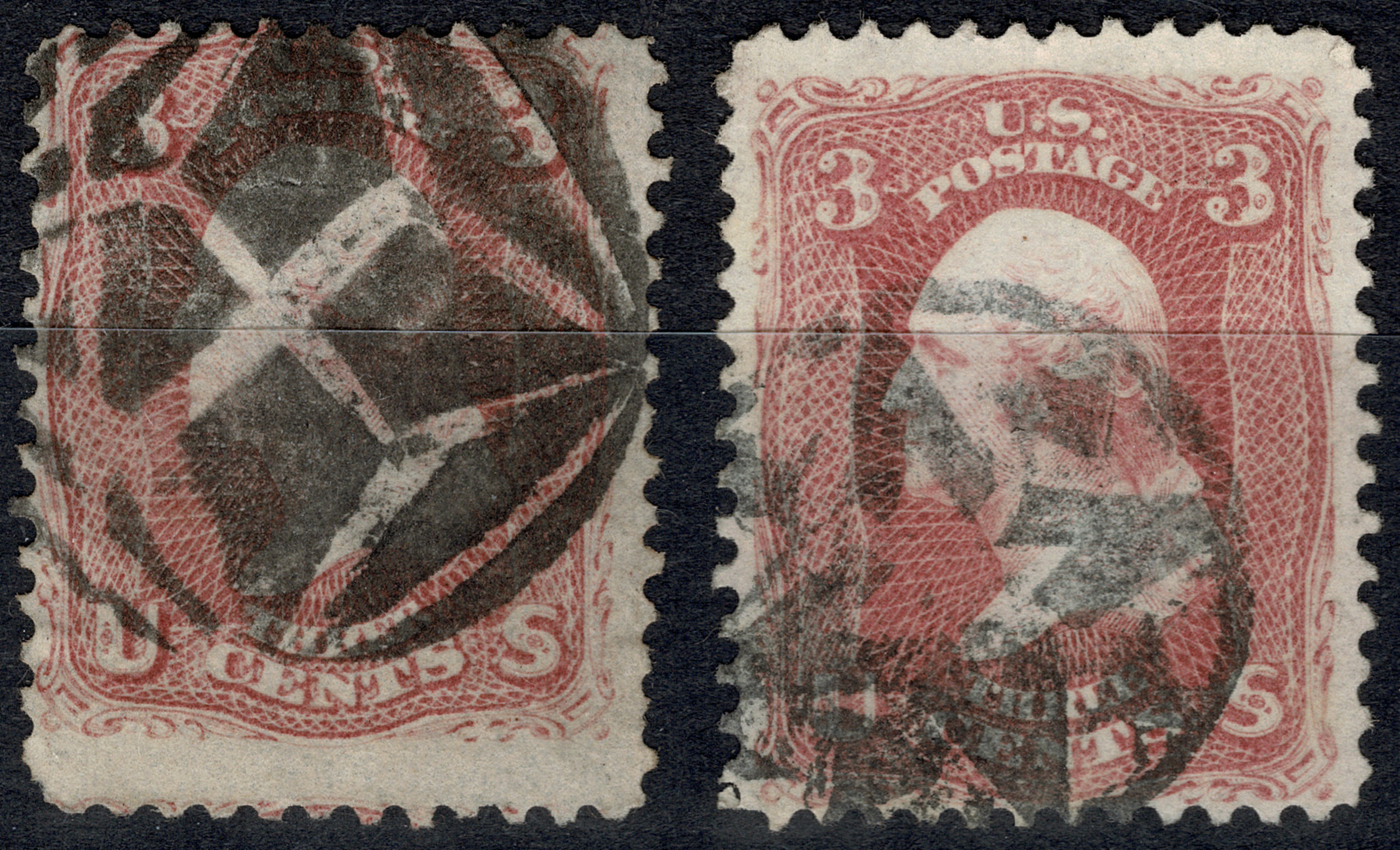 US #65 - FANCY CANCELS - 6 examples of different GEOMETRIC cancels ...