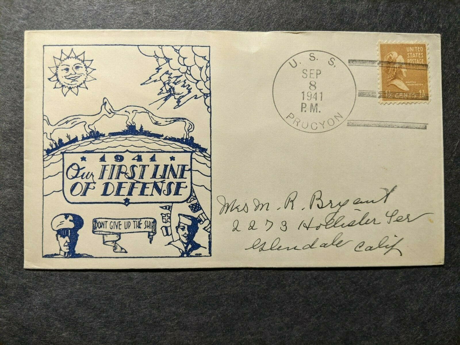 USS PROCYON AKA-2 Naval Cover 1941 BUND "DON'T GIVE UP THE SHIP" Cachet ...