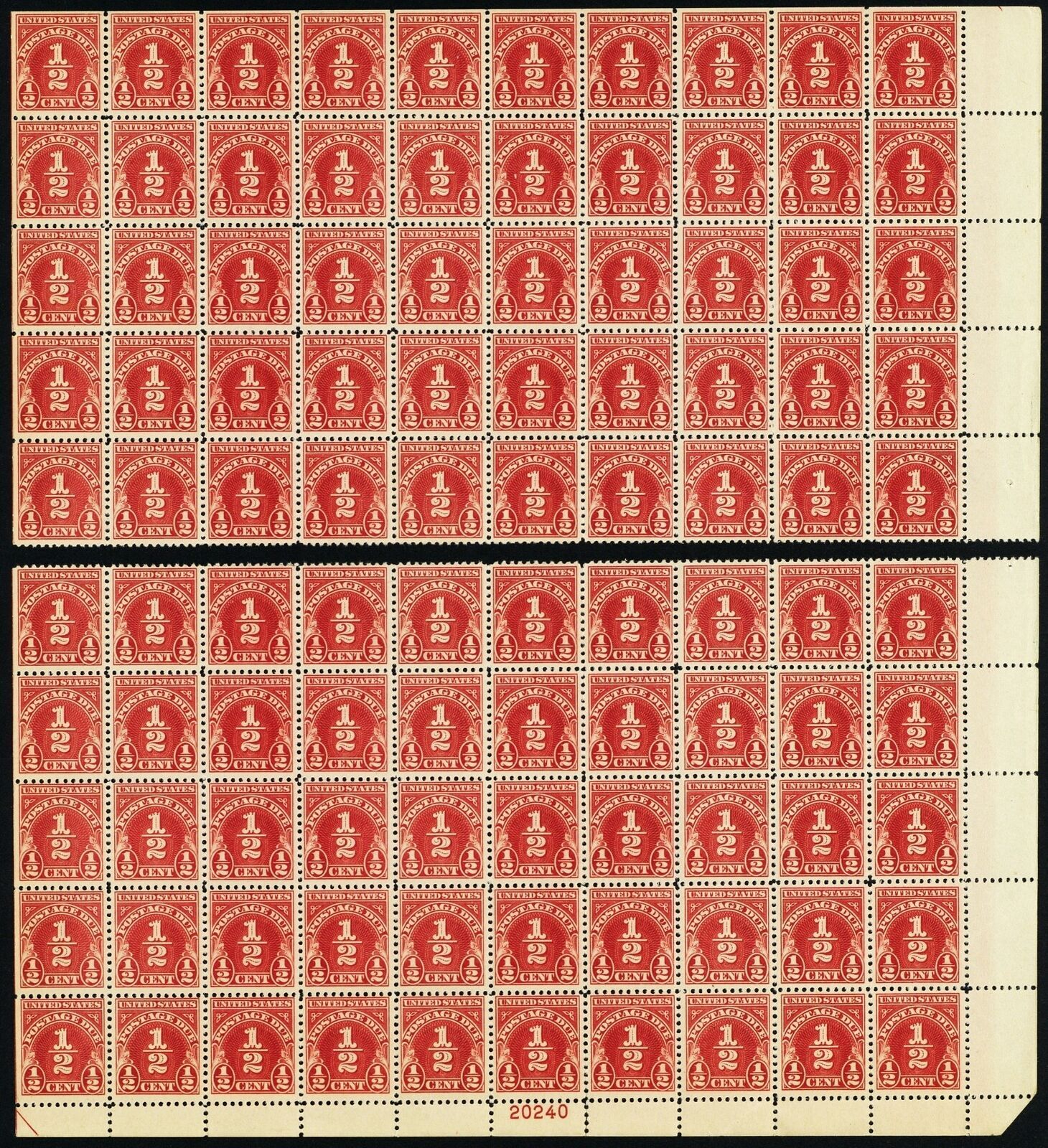 J69, 1/2¢ F/VF Sheet (split) of 100 Postage Due Stamps CV $950.00 ...