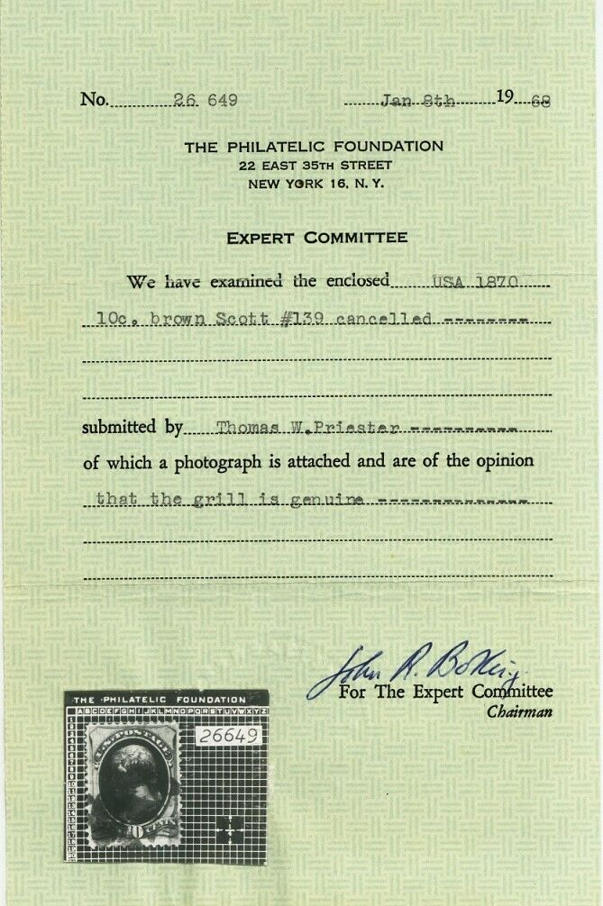 139, Used 10¢ VF With Grill PFC Certificate Cat $800.00 - Stuart Katz ...