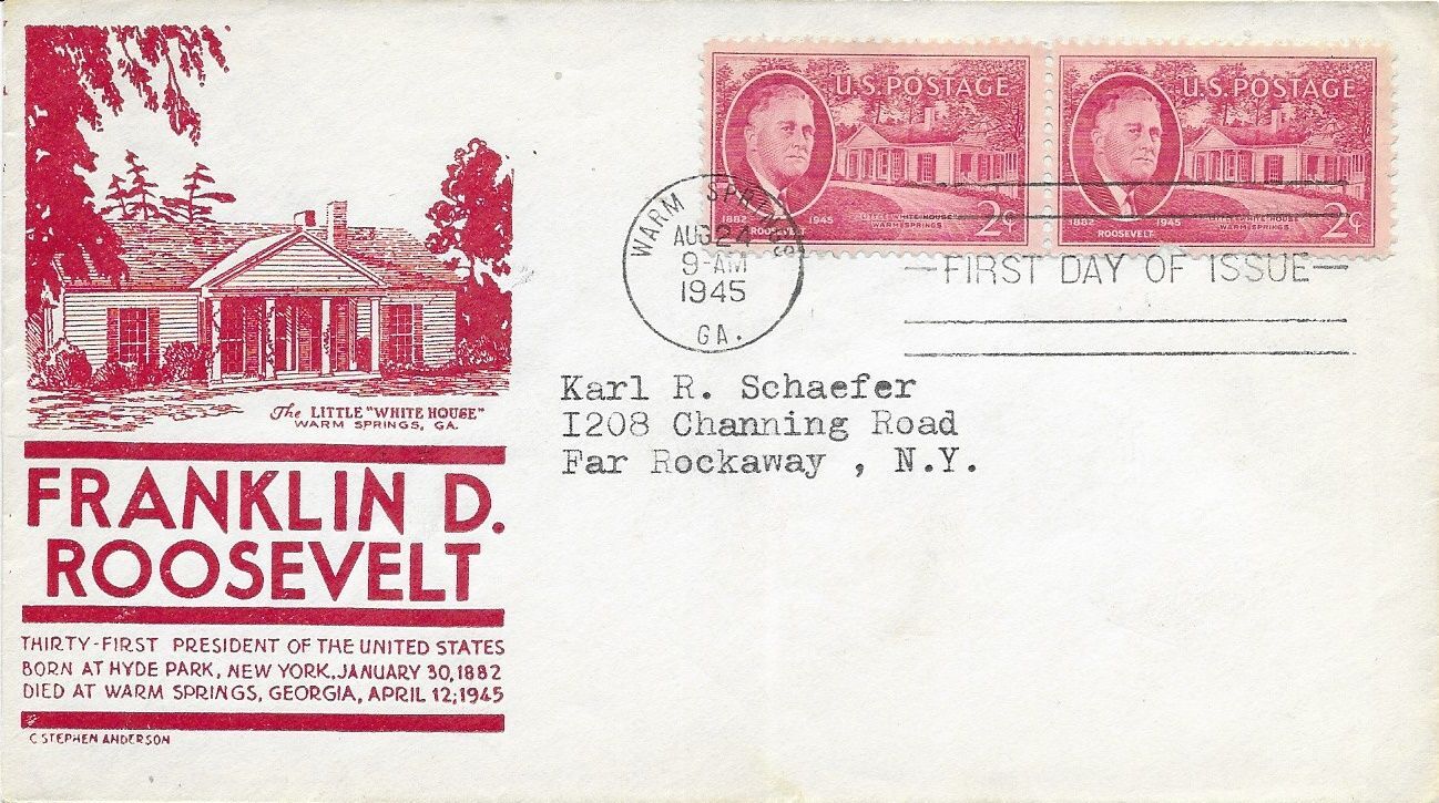 1945 FDC, #931, 2c Franklin D. Roosevelt, Anderson, pair | United ...
