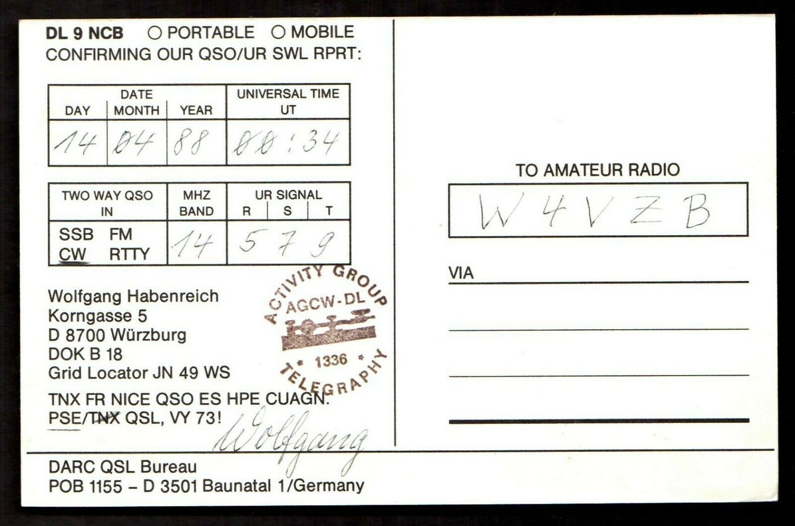 QSL CARD "DL9NCB,Wolfgang Habenreich,Activity Group Telegraphy ...