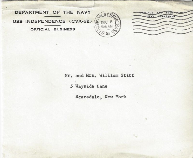 US Navy Covers USS Independence CVA 62 1958 Official Commanding Officer ...