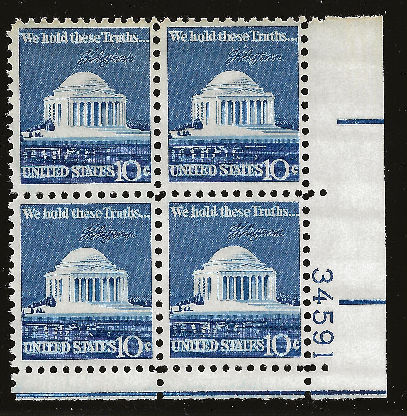 US Scott #1510, Plate Block #34591 1973 Jefferson 10c FVF MNH Lower ...