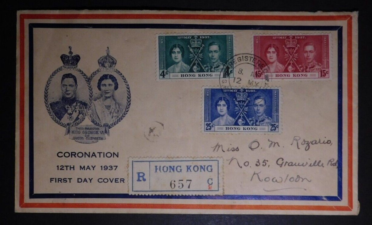 1937 Hong Kong First Day Cover FDC King George VI Coronation to Kowloon ...
