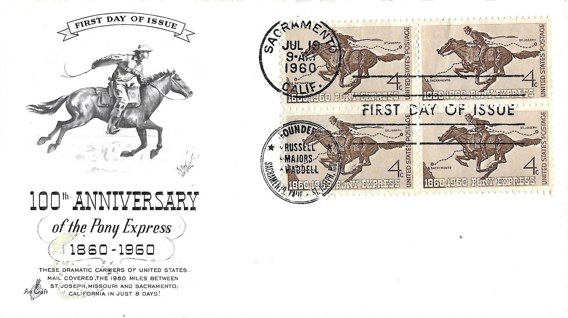1960 FDC, #1154, 4c Pony Express 100th, Art Craft, block of 4 | United ...