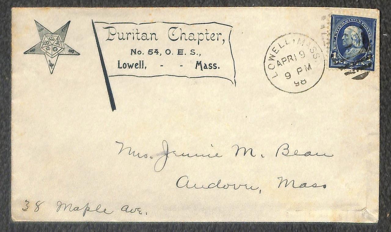 USA #247 Stamp Puritan Chapter 54 O.E.S. Lowell Massachusetts AD Cover ...