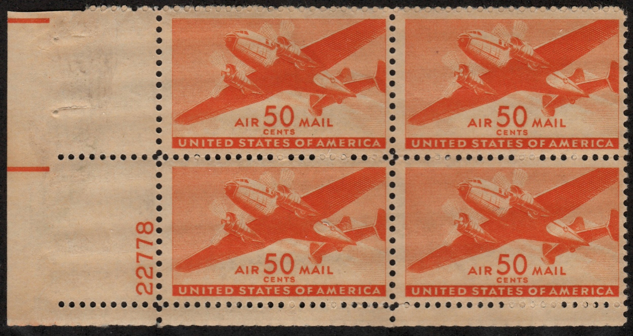 SC#C31 50¢ Twin-Motored Transport Plate Block: LL #22778 (1941) MNH ...