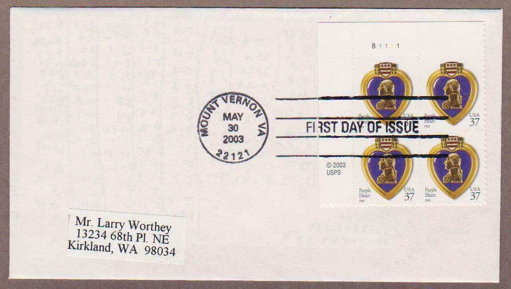 US # 3784 Purple Heart Uncacheted P/B FDC - I Combine S/H | United ...