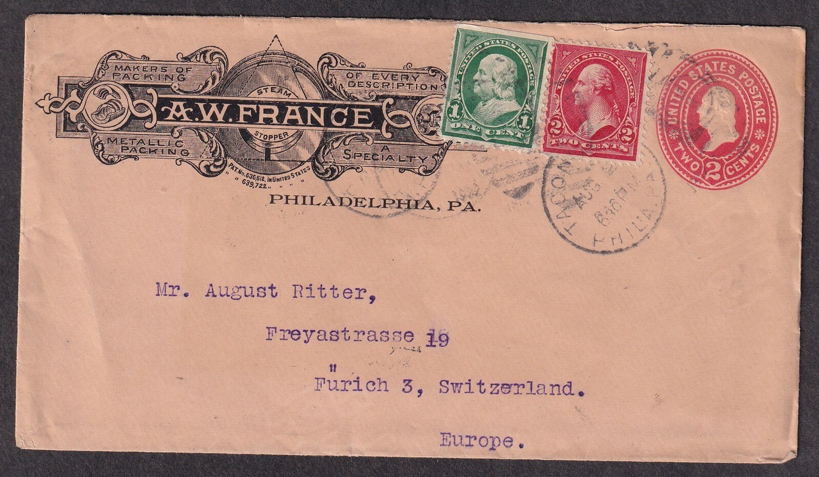 USA 1902 1c & 2c Bureaus on Uprated 2c PS Cover Philadelphia to ...