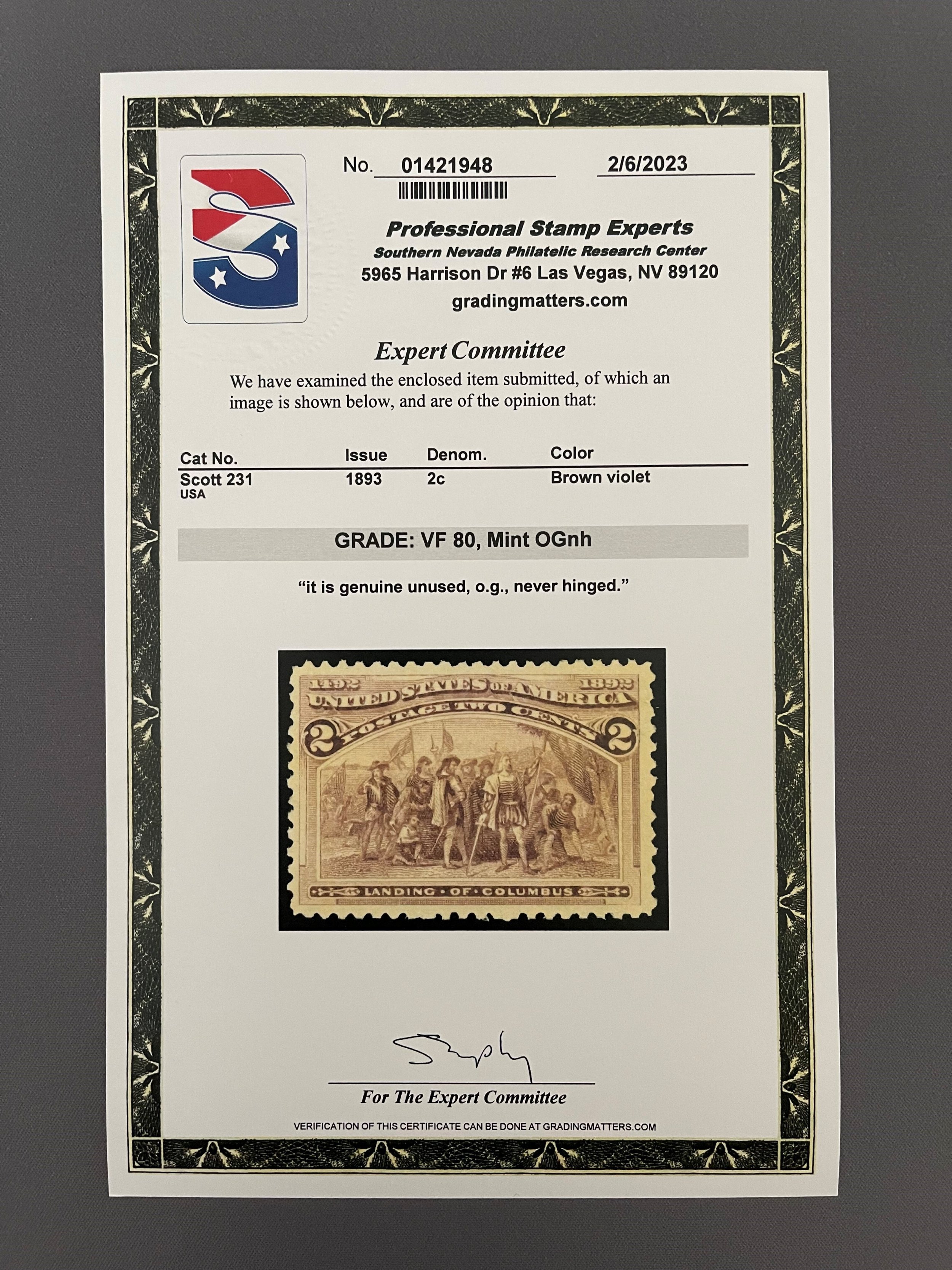 231, Landing of Columbus, Mint OGNH, VF 80, See Cert | United States ...