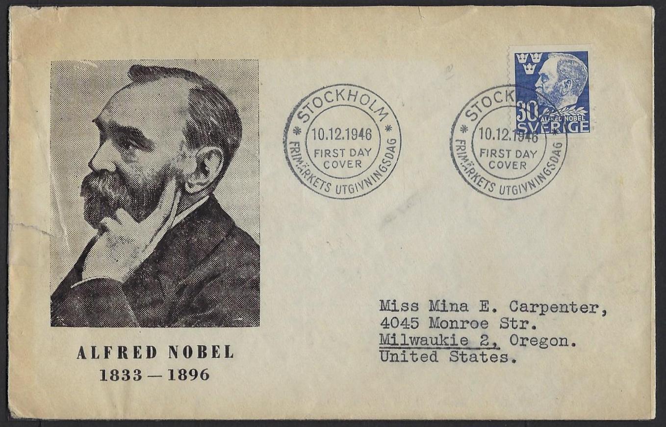 Sweden 1946 Alfred Nobel FDC W/ Cachet Commercially Used to US Repair ...
